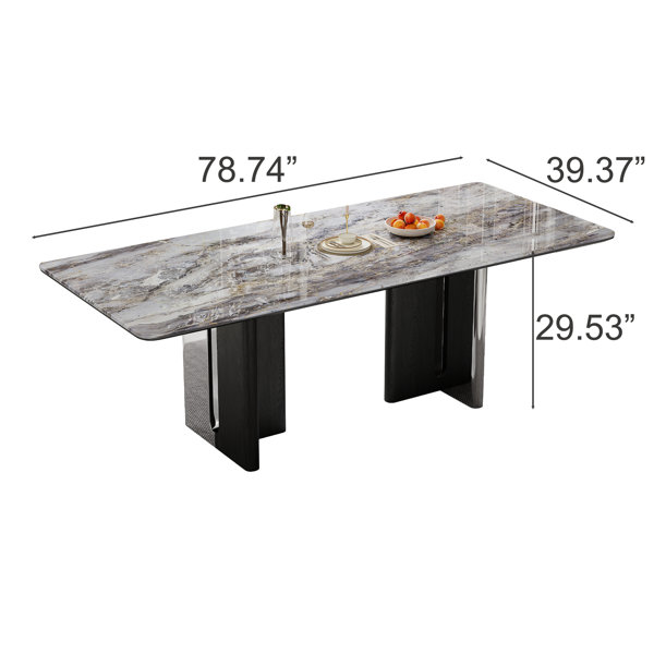 Orren Ellis Modern 78.7" Dining Table, Glossy Sintered Stone Top, Stainless Steel Double Legs ...